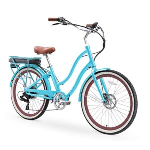 sixthreezero evryjourney women’s electric bicycle, 7-speed step-through touring hybrid ebike, 500 watt motor, 26″ wheels, teal