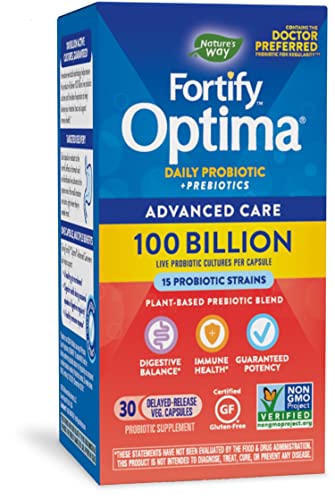 Nature’s Way Fortify Optima Daily Probiotic, 100 Billion, 15 Strains, Digestive & Immune Support*, with Prebiotics, 30 Capsules