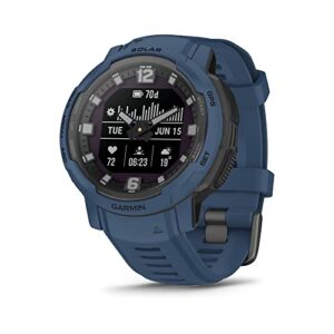 garmin instinct crossover solar, rugged hybrid smartwatch with solar charging capabilities, analog hands and digital display, tidal blue