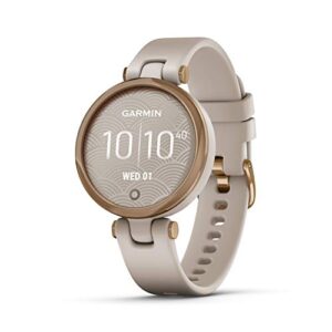 garmin lily™, small gps smartwatch with touchscreen and patterned lens, rose gold and light tan