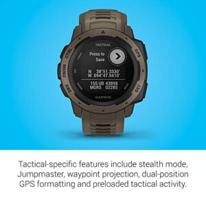 Garmin 010-02064-71 Instinct Tactical, Rugged GPS Watch, Tactical Specific Features, Constructed to U.S. Military Standard 810G for Thermal, Shock and Water Resistance, Tan