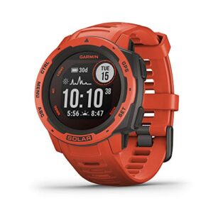 garmin instinct solar, rugged outdoor smartwatch with solar charging capabilities, built-in sports apps and health monitoring, flame red