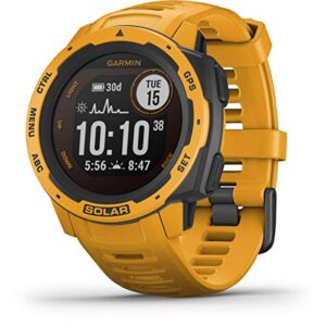 garmin instinct solar, rugged outdoor smartwatch with solar charging capabilities, built-in sports apps and health monitoring, sunburst yellow