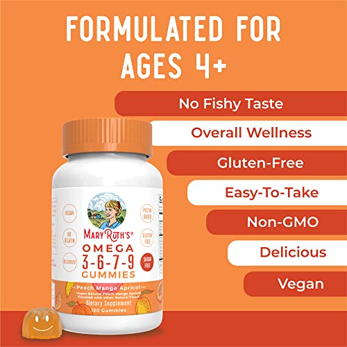 Vegan Omega 3 6 7 9 Gummies by MaryRuth's | Up to 4 Month Supply | Omega 3 Supplement with Flaxseed Oil | Omega 3 Gummies for Heart Health | No Fish Taste | Non-GMO | 120 Count