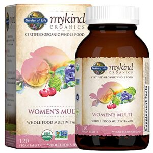 garden of life organic multivitamin for women, mykind organics womens multi with vitamin c, d, folate, b6, b12, biotin, iron, vegan whole food vitamins for women, energy, skin, nails, 120 tablets