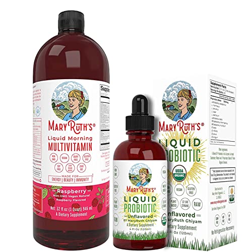 Liquid Multivitamin Raspberry & Liquid Probiotic 4oz Bundle by MaryRuth’s | Vegan Vitamin A, B, C, D3, E & Amino Acids | Immune, Digestion, Focus & Energy Support | Gut Health Supplement.