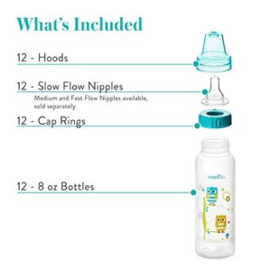 Evenflo Feeding Classic Prints Polypropylene Bottles for Baby, Infant and Newborn - Blue/Green/Teal, 8 Ounce (Pack of 12)