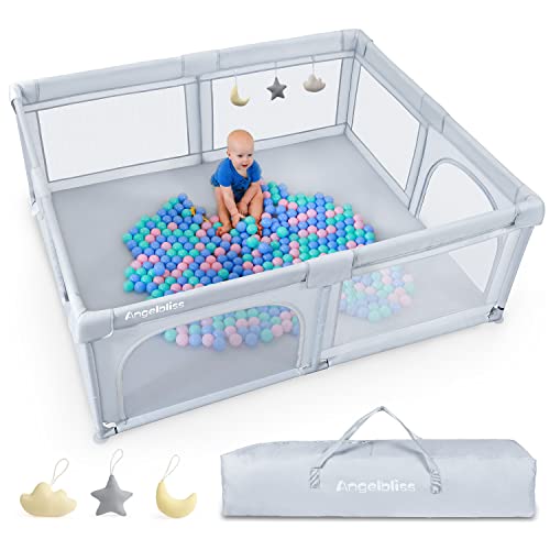 ANGELBLISS Baby Playpen, Extra Large Playard, Indoor & Outdoor Kids Activity Center with Anti-Slip Base, Sturdy Safety Play Yard with Breathable Mesh, Kid's Fence for Infants Toddlers(Grey,71”x59”)