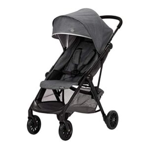 evenflo aero ultra-lightweight stroller, self-standing compact folding design, 2 mesh in-seat pockets, large storage basket, flex-hold parent cup-holder, 50-pound capacity, easy storage, dove gray