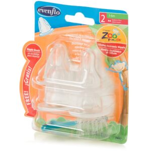 Evenflo Zoo Friends 4 Count Silicone Anatomic Nipple with Brush, Medium Flow