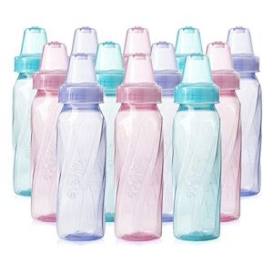 evenflo feeding classic tinted plastic standard neck bottles for baby, infant and newborn, pink/lavender/teal, 8 ounce (pack of 12)