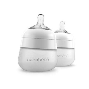 nanobébé flexy silicone baby bottle, anti-colic, natural feel, non-collapsing nipple, non-tip stable base, easy to clean 2-pack, white, 5 oz