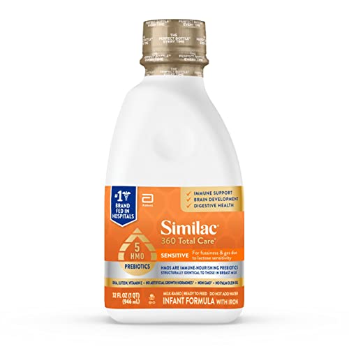 Similac 360 Total Care Sensitive Infant Formula, with 5 HMO Prebiotics, for Fussiness & Gas Due to Lactose Sensitivity, Non-GMO, Baby Formula, Ready-to-Feed 32-fl-oz Bottle (Pack of 6)