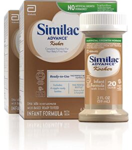 similac advance kosher infant formula with iron, 2 fl oz – 4 bottles (2 pack = 8 bottles) milk based, ready to feed, resealable bottle, cholov yisroel, (0-12 months)