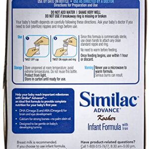 Similac Advance Kosher Infant Formula with Iron, 2 Fl OZ - 4 Bottles (2 Pack = 8 Bottles) Milk Based, Ready To Feed, Resealable Bottle, Cholov Yisroel, (0-12 Months)