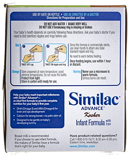 Similac Advance Kosher Infant Formula with Iron, 2 Fl OZ - 4 Bottles (2 Pack = 8 Bottles) Milk Based, Ready To Feed, Resealable Bottle, Cholov Yisroel, (0-12 Months)