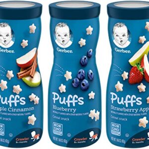 Gerber Puffs Cereal Snack Variety Pack - 1 Apple Cinnamon, 1 Blueberry, 1 Strawberry Apple - 1.48 OZ Each (Pack of 3)