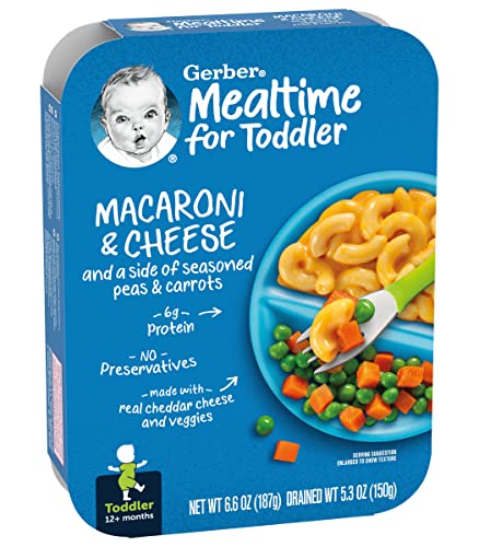 Gerber Mealtime for Toddler Macaroni & Cheese with Side of Seasoned Peas & Carrots, Made with Real Cheddar Cheese & Farm Grown Veggies, 6.6 OZ (Pack of 4)