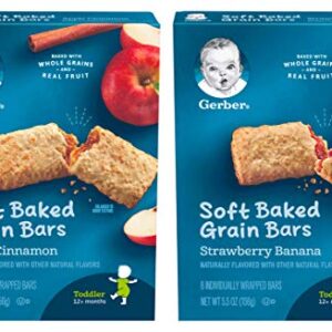 Gerber Soft Baked Grain Bars Variety Pack - 1 Box Apple Cinnamon & 1 Box Strawberry Banana - 8 Individually Wrapped Bars/Box (Pack of 2 Boxes)