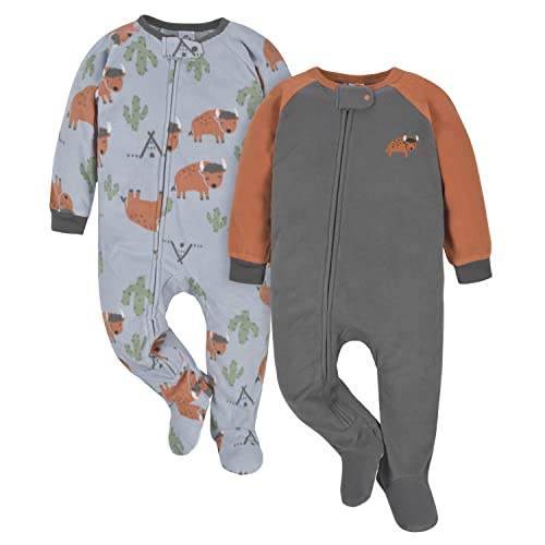 Gerber Baby Boys Toddler Loose Fit Flame Resistant Fleece Footed Pajamas 2-Pack Buffalo Grey 6-9 Months