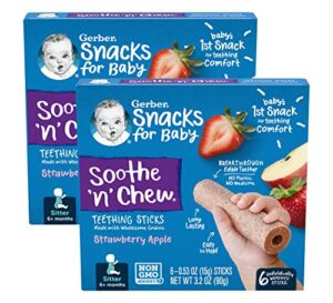 gerber snacks for baby soothe ‘n’ chew teething sticks, strawberry apple, made with wholesome grains & non-gmo ingredients, 6 individually wrapped teething sticks/box (pack of 2 boxes)