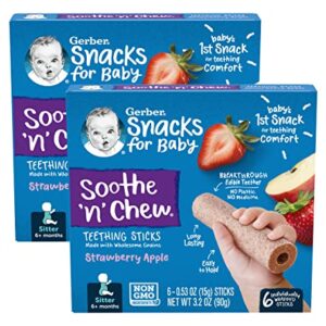 Gerber Snacks for Baby Soothe ‘n’ Chew Teething Sticks, Strawberry Apple, Made with Wholesome Grains & Non-GMO Ingredients, 6 Individually Wrapped Teething Sticks/Box (Pack of 2 Boxes)