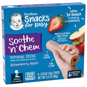 Gerber Snacks for Baby Soothe ‘n’ Chew Teething Sticks, Strawberry Apple, Made with Wholesome Grains & Non-GMO Ingredients, 6 Individually Wrapped Teething Sticks/Box (Pack of 2 Boxes)