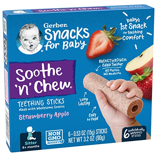 Gerber Snacks for Baby Soothe ‘n’ Chew Teething Sticks, Strawberry Apple, Made with Wholesome Grains & Non-GMO Ingredients, 6 Individually Wrapped Teething Sticks/Box (Pack of 2 Boxes)