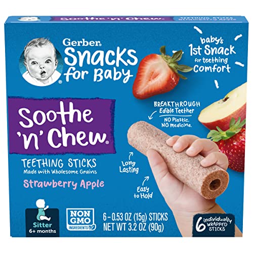 Gerber Snacks for Baby Soothe ‘n’ Chew Teething Sticks, Strawberry Apple, Made with Wholesome Grains & Non-GMO Ingredients, 6 Individually Wrapped Teething Sticks/Box (Pack of 2 Boxes)