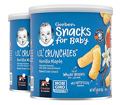 Gerber Snacks for Baby Lil’ Crunchies, Vanilla Maple, Non-GMO Baked Grain Snack with No Artificial Flavors, Baby Snacks for Crawlers, 1.48-Ounce Canister (Pack of 2)