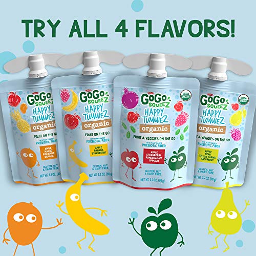 GoGo squeeZ happy tummieZ Organic Apple Banana Strawberry, 3.2 oz. (4 Pouches) - Kids Snacks with Prebiotic Fiber - Gluten Free Snacks for Kids - Nut & Dairy Free - Vegan Snacks