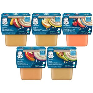 gerber 2nd foods tubs breakfast cereal variety pack, 3 pear cinnamon oatmeal, 3 apple banana oatmeal, 3 apple banana mixed, 3 apple mango rice, 3 apple strawberry blueberry, 15 ct