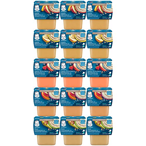 Gerber 2nd Foods Tubs Breakfast Cereal Variety Pack, 3 Pear Cinnamon Oatmeal, 3 Apple Banana Oatmeal, 3 Apple Banana Mixed, 3 Apple Mango Rice, 3 Apple Strawberry Blueberry, 15 CT