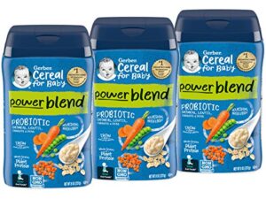 gerber 2nd foods power blend cereal for baby, probiotic, oatmeal, lentil, carrots & peas, with whole grains & plant protein, 8 oz canister (pack of 3)