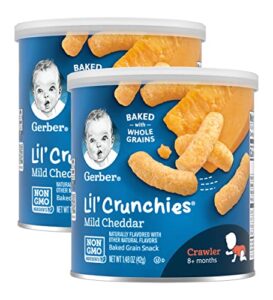 gerber lil crunchies baked grain snack, mild cheddar, baked with whole grains & non gmo ingredients, for crawlers 8 months & up, 1.48-ounce canister (pack of 2)