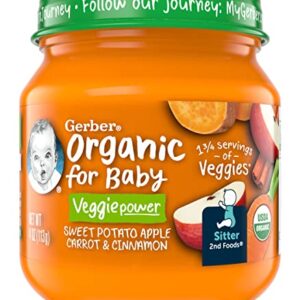 Gerber Organic for Baby 2nd Foods Veggie Power Baby Food Jar, Sweet Potato Apple Carrot & Cinnamon, Non-GMO & USDA Organic Pureed Baby Food, 4 OZ Glass Jar (Pack of 6)