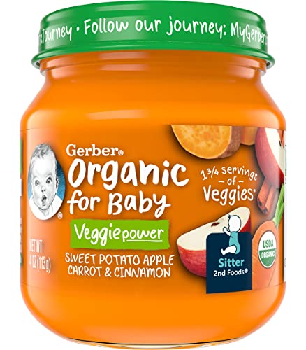 Gerber Organic for Baby 2nd Foods Veggie Power Baby Food Jar, Sweet Potato Apple Carrot & Cinnamon, Non-GMO & USDA Organic Pureed Baby Food, 4 OZ Glass Jar (Pack of 6)