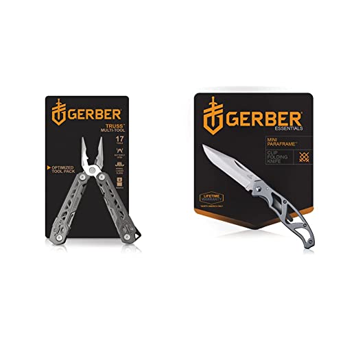 Gerber Gear Truss Multitool with 17 Tools, 4.35” Closed (30-001343N) & 22-48485 Paraframe Mini Pocket Knife, 2.2 Inch Fine Edge Blade, Stainless Steel