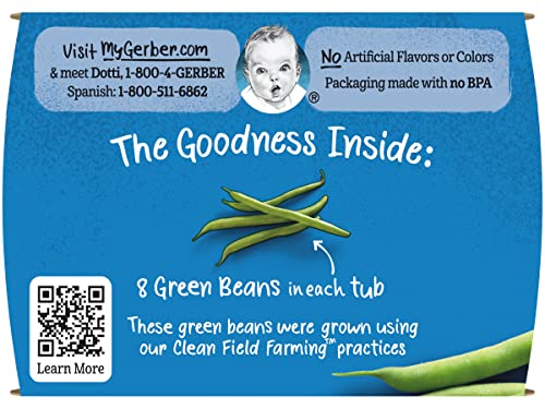 Gerber Natural for Baby 1st Foods Baby Food Tubs, Green Bean, Non-GMO & Natural Pureed Baby Food for Supported Sitters, 2 - 2 Ounce Tubs Per Pack (Pack of 4)