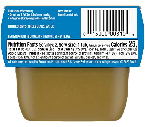 Gerber Natural for Baby 1st Foods Baby Food Tubs, Green Bean, Non-GMO & Natural Pureed Baby Food for Supported Sitters, 2 - 2 Ounce Tubs Per Pack (Pack of 4)