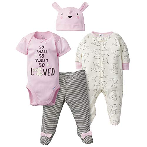 Gerber baby girls 4-piece Sleep 'N Play, Onesies, Pant and Cap Layette Set, Bunny Love, 0-3 Months US