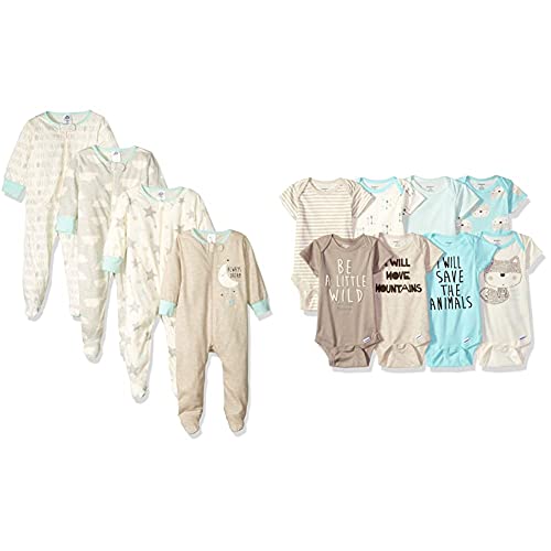 Gerber Baby Neutral 8-pack Short Sleeve Onesies and 4-Pack Sleep 'N Play Clothing Bundle, Elephants, 0-3M