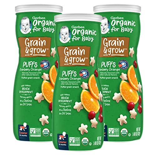 Gerber Organic for Baby Grain & Grow Puffs, Cranberry Orange, Puffed Grain Snack for Crawlers, Non-GMO & USDA Organic, 1.48-Ounce Canister (Pack of 3)