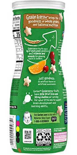 Gerber Organic for Baby Grain & Grow Puffs, Cranberry Orange, Puffed Grain Snack for Crawlers, Non-GMO & USDA Organic, 1.48-Ounce Canister (Pack of 3)