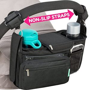 non-slip stroller organizer with cup holders, exclusive straps grip handlebar. universal fit for uppababy vista cruz nuna baby jogger bob britax bugaboo graco stroller accessories caddy parent console