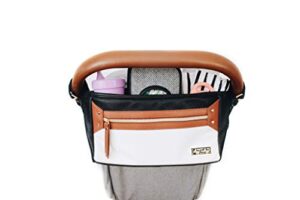 itzy ritzy adjustable stroller caddy / organizer featuring two built-in front zippered pocket and adjustable straps to fit nearly any stroller, coffee and cream