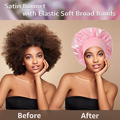 3 Pack Satin Bonnet Silk Bonnet for Sleeping, Bonnets for Black Women Hair Bonnet for Sleeping Large Sleep Cap, Wide Soft Band Bonnet for Curly Hair