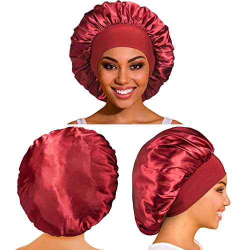 3 Pack Satin Bonnet Silk Bonnet for Sleeping, Bonnets for Black Women Hair Bonnet for Sleeping Large Sleep Cap, Wide Soft Band Bonnet for Curly Hair