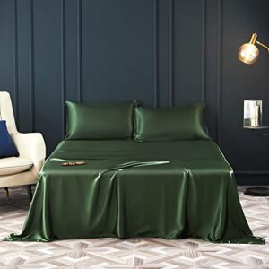 koreyoshi 4 pcs satin sheets queen – silk silky super soft extra deep pocket queen sheet sets – wrinkle & fade free – deep pocket fitted sheet, flat sheet, pillow cases (queen, olive green)