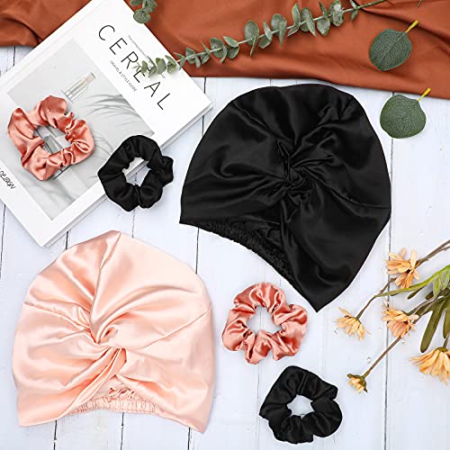 6 Pcs Silk Bonnet Silk Hair Wrap for Sleeping, Natural Silk Scrunchy Soft Silk Scrunchies Hair Sleep Silk Sleeping Bonnet for Women Hair Care Ponytail Holder (Pink, Black, Rose Gold)